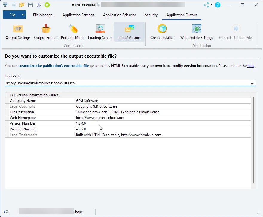 Choisir l'icône, les informations sur la version et le code des Ebooks ...